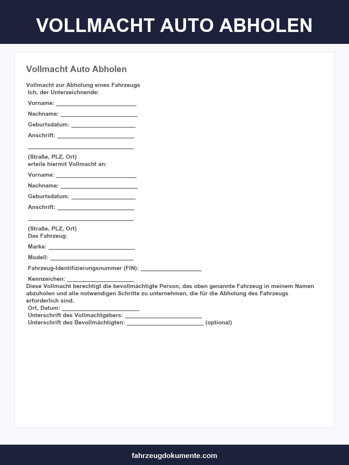 Vollmacht Auto Abholen